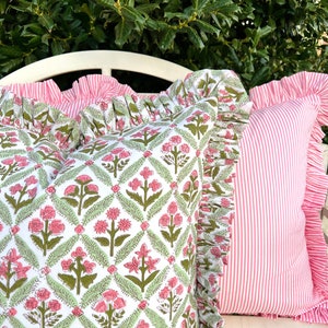 Pink and Green Floral Trellis Block Print Ruffle Pillow Cover - Etsy