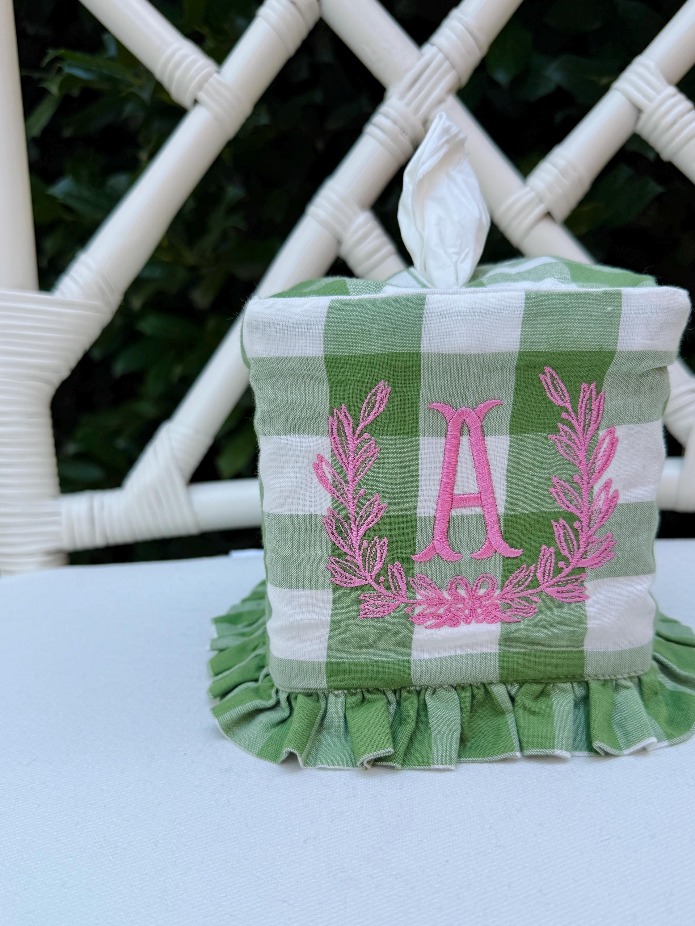 Fern Green Check Ruffle Tissue Cover, Custom Monogram Available - Etsy