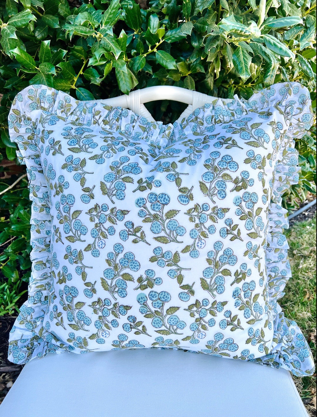 Light Blue and Green Berry Block Print Ruffle Pillow Cover - Etsy