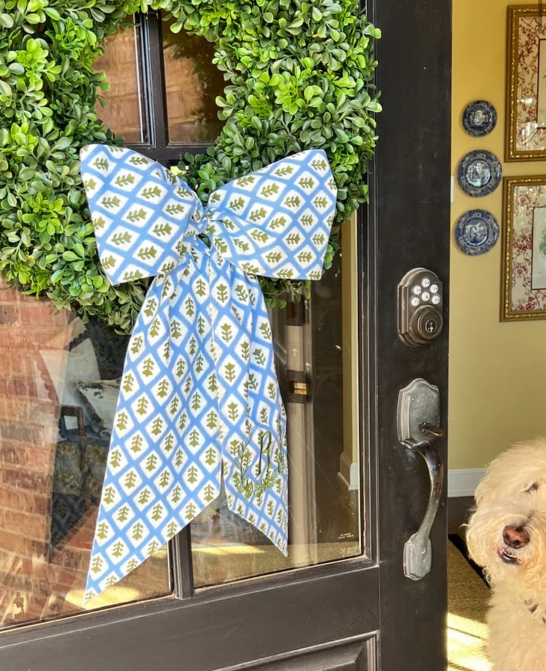 Blue and Green Block Print Wreath Sash, Custom Monogram Available - Etsy
