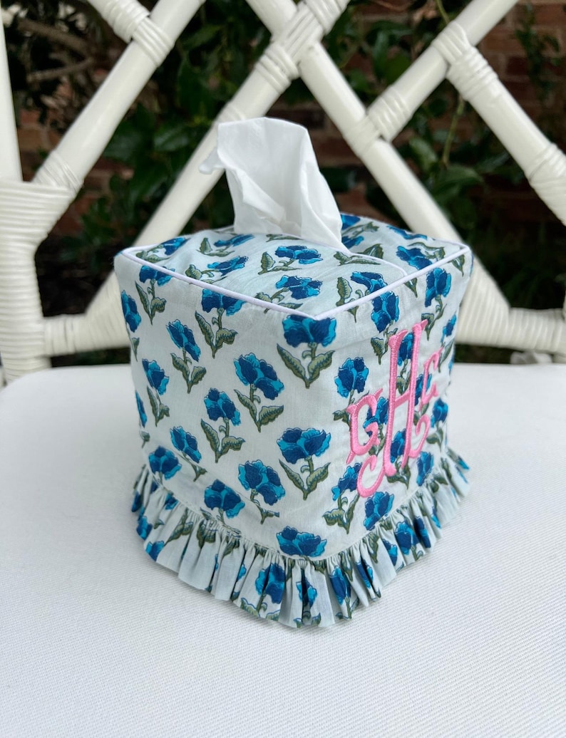Floral Block Print Ruffle Tissue Cover, Custom Monogram Available - Etsy