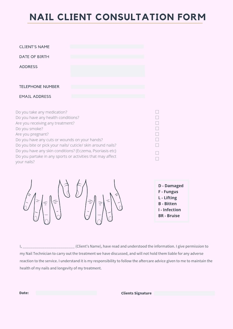 Printable Nail Technician Client Consultation Form - Etsy