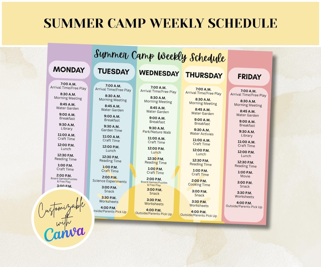 Summer Camp Schedule Template: Weekly Itinerary, Editable Canva ...
