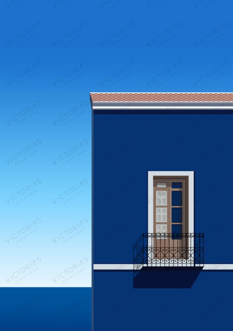 Blue House Illustration Poster Greek Art Greece Travel - Etsy