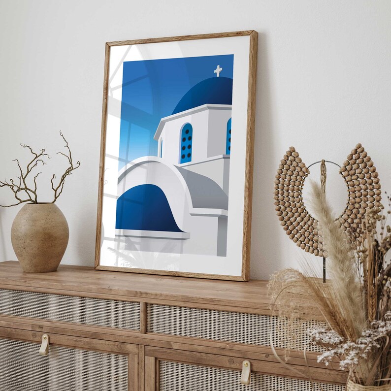 Blue Dome Church Illustration Poster Landscape Art Greece - Etsy