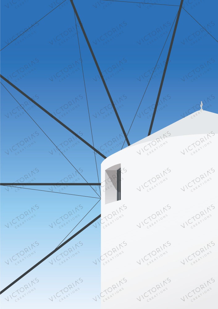 Milos Windmill, Illustration Poster, Landscape Art, Greece Poster ...