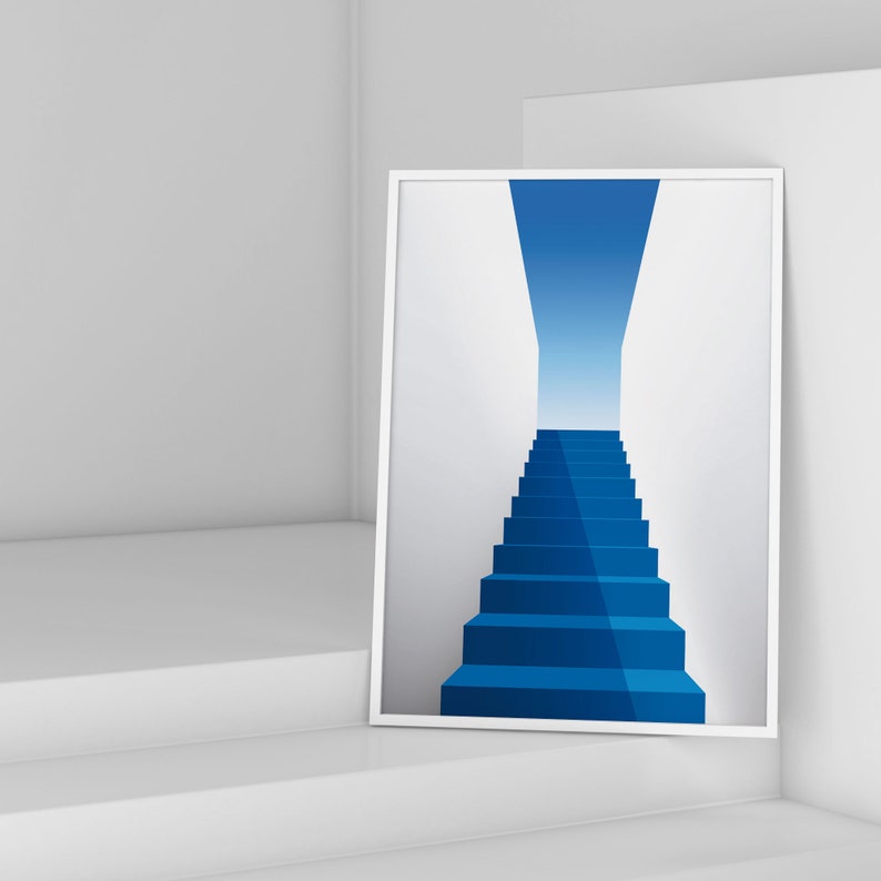 Blue Stairs Illustration Poster Greece Travel Poster Wall - Etsy