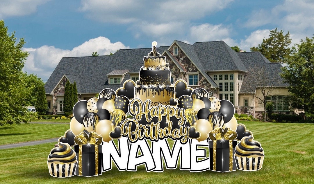 Happy Birthday Yard Sign: Black and Gold Party Lawn Decorations, Happy ...