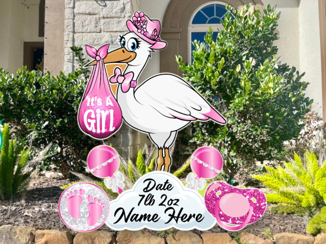 Baby Stork Yard Sign, Personalized It's A Girl Birth Announcement, Baby ...