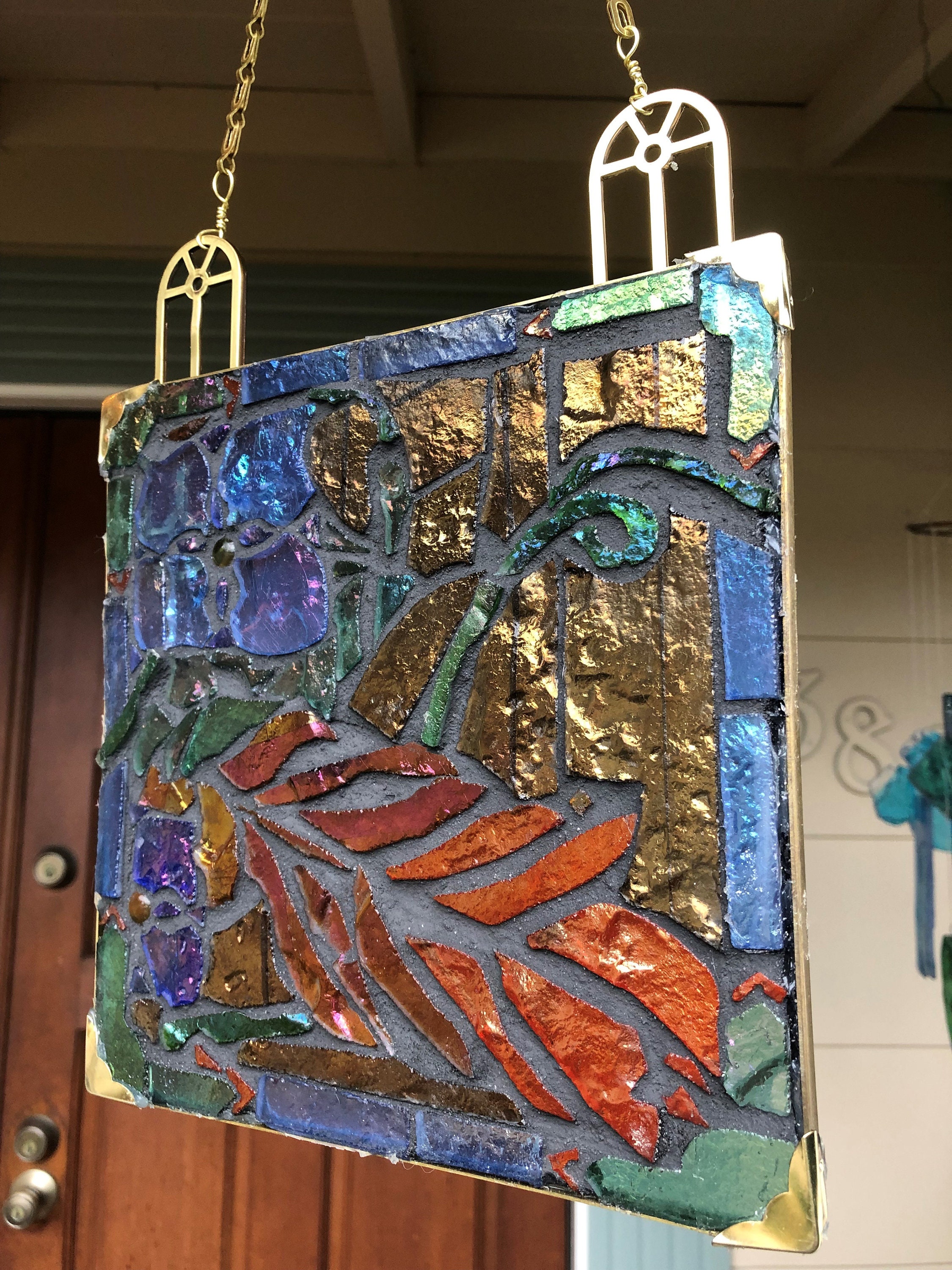 Violet & Gold Corner Flower Art Deco Stained Glass Window Tile - Etsy