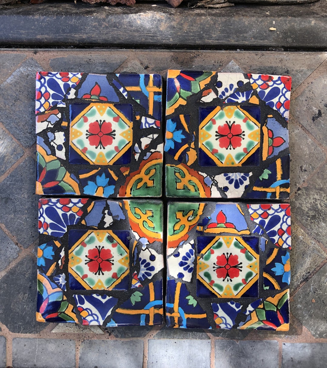 Red Flower Burst ABSORBENT Mexican Tile Mosaic Coaster Set - Etsy