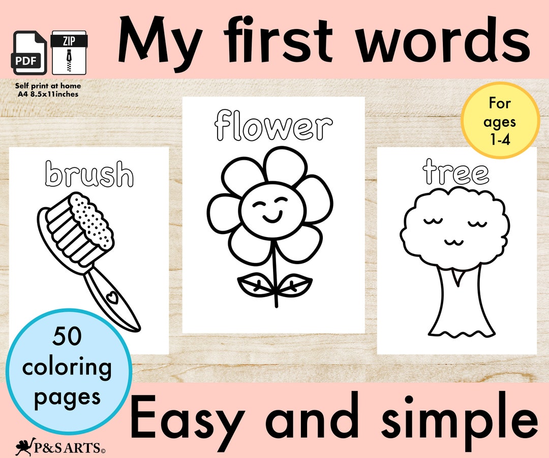 50 Learning Words Printable, Easy and Simple Coloring Pages, Kids ...