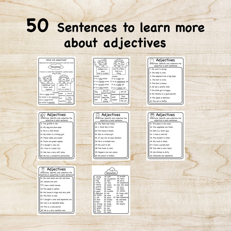 50 Sentences With Adjectives, Worksheets 1st - 2nd Grade, Practice ...
