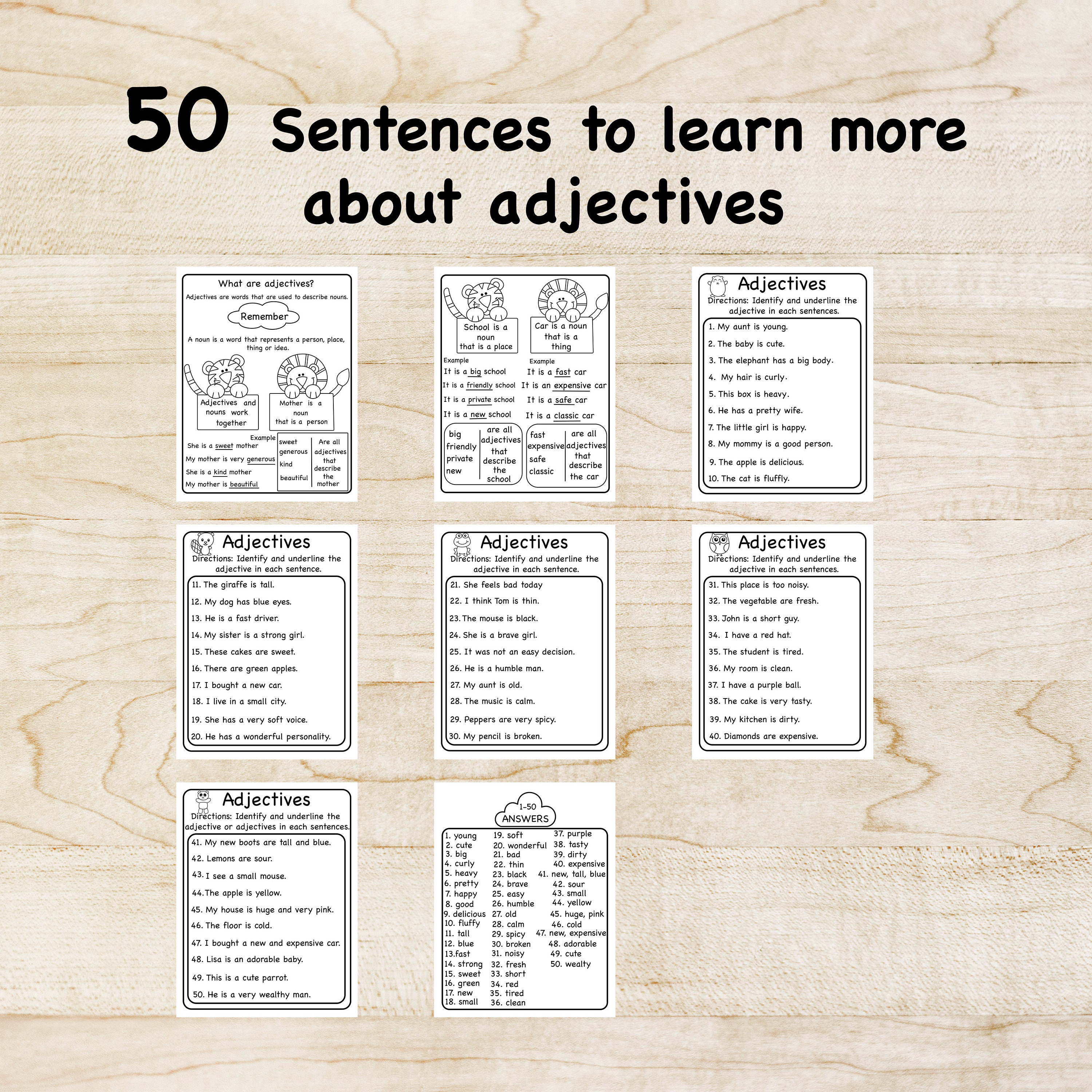 50 Sentences With Adjectives, Worksheets 1st - 2nd Grade, Practice ...