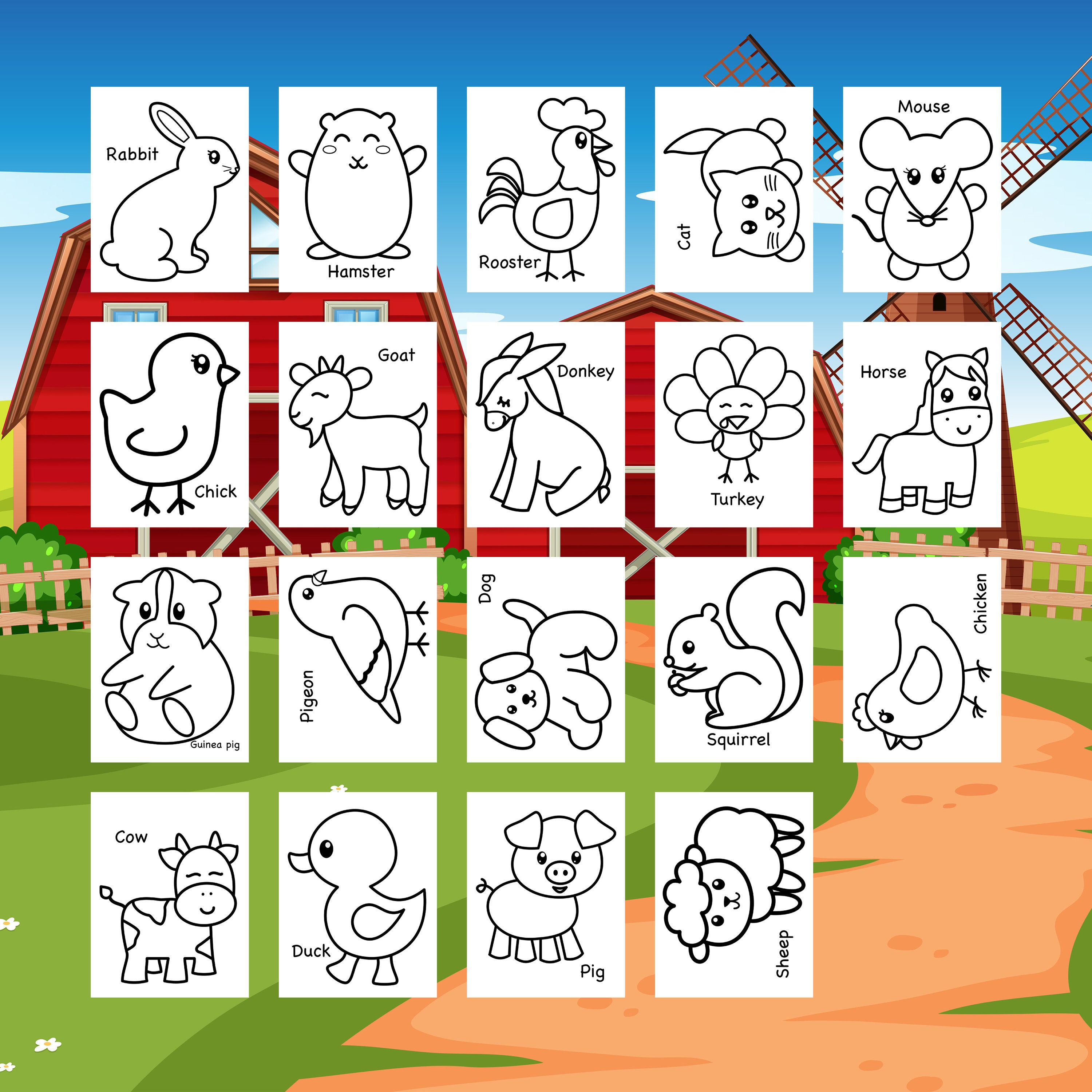 19 Farm and Pets Animals Simple and Jumbo Printable Coloring Pages - Etsy