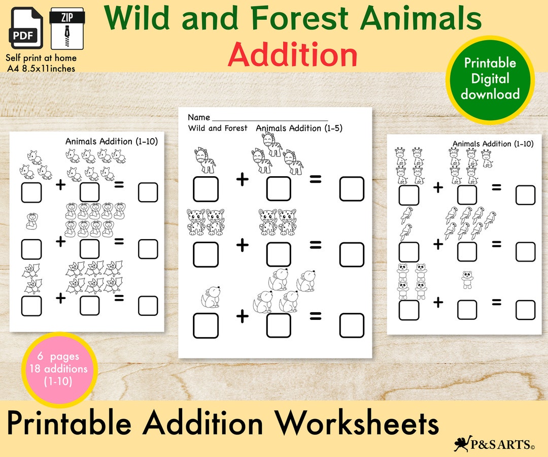 Kindergarten Math Worksheets, Wild and Forest Animals Addition, Numbers ...