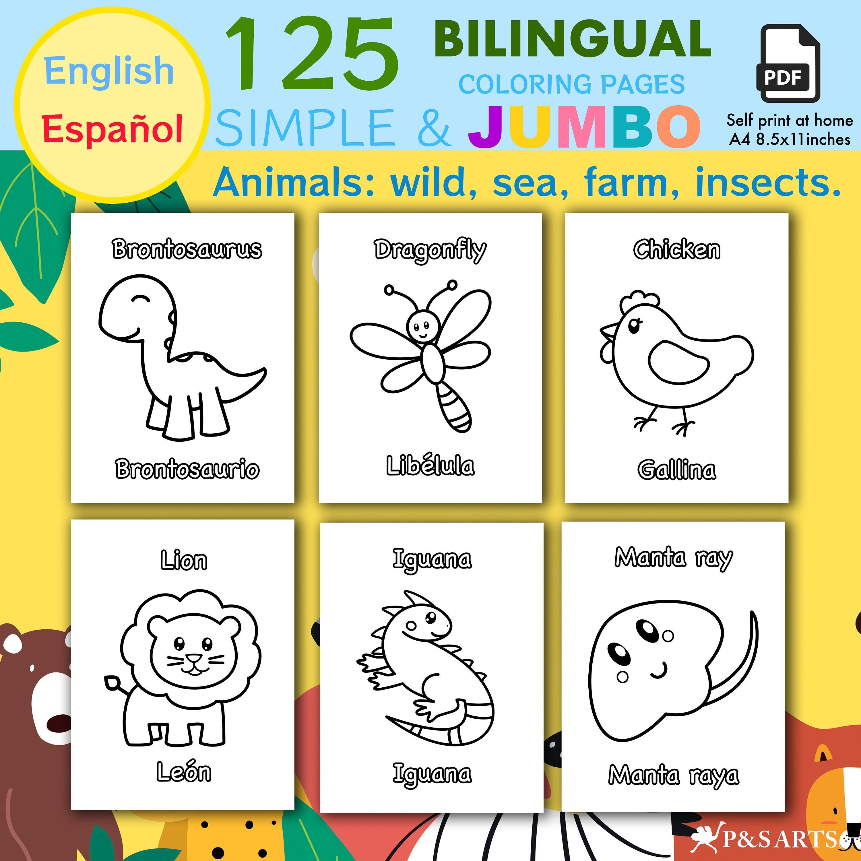 125 Dibujos para colorear imprimibles bilingües (inglés-español) de ...