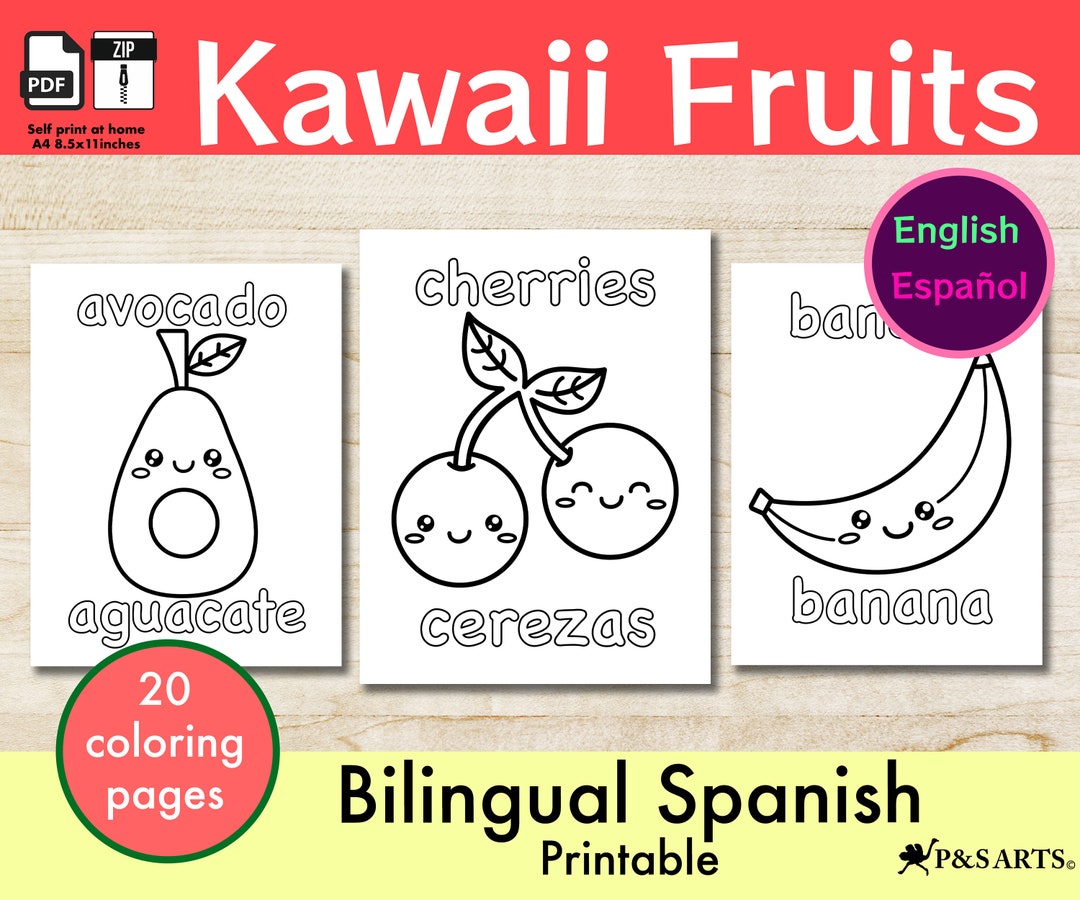 Kawaii Fruits, Cute Fruits, Learning Spanish for Kids, Spanish Coloring ...