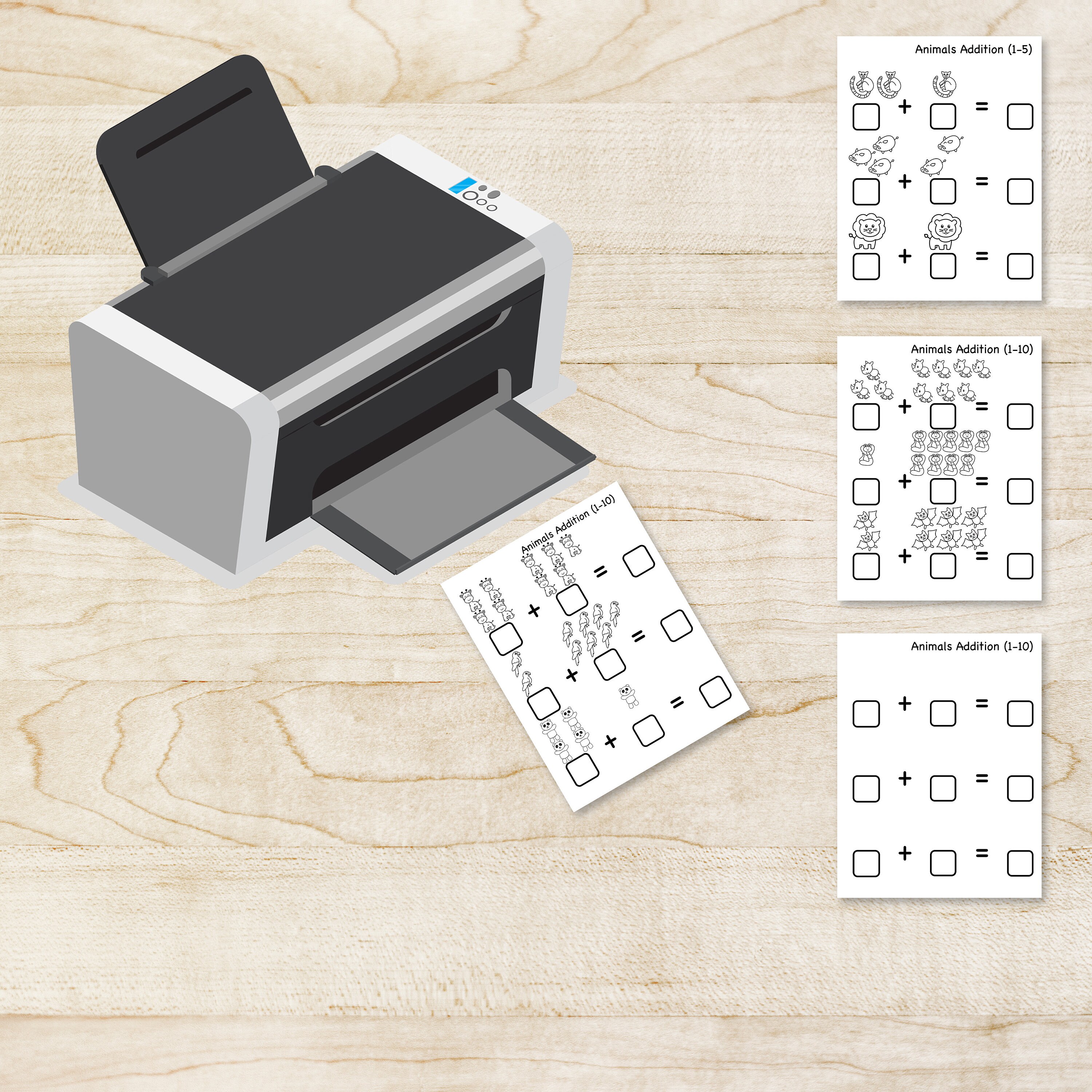 Kindergarten Math Worksheets, Wild and Forest Animals Addition, Numbers ...