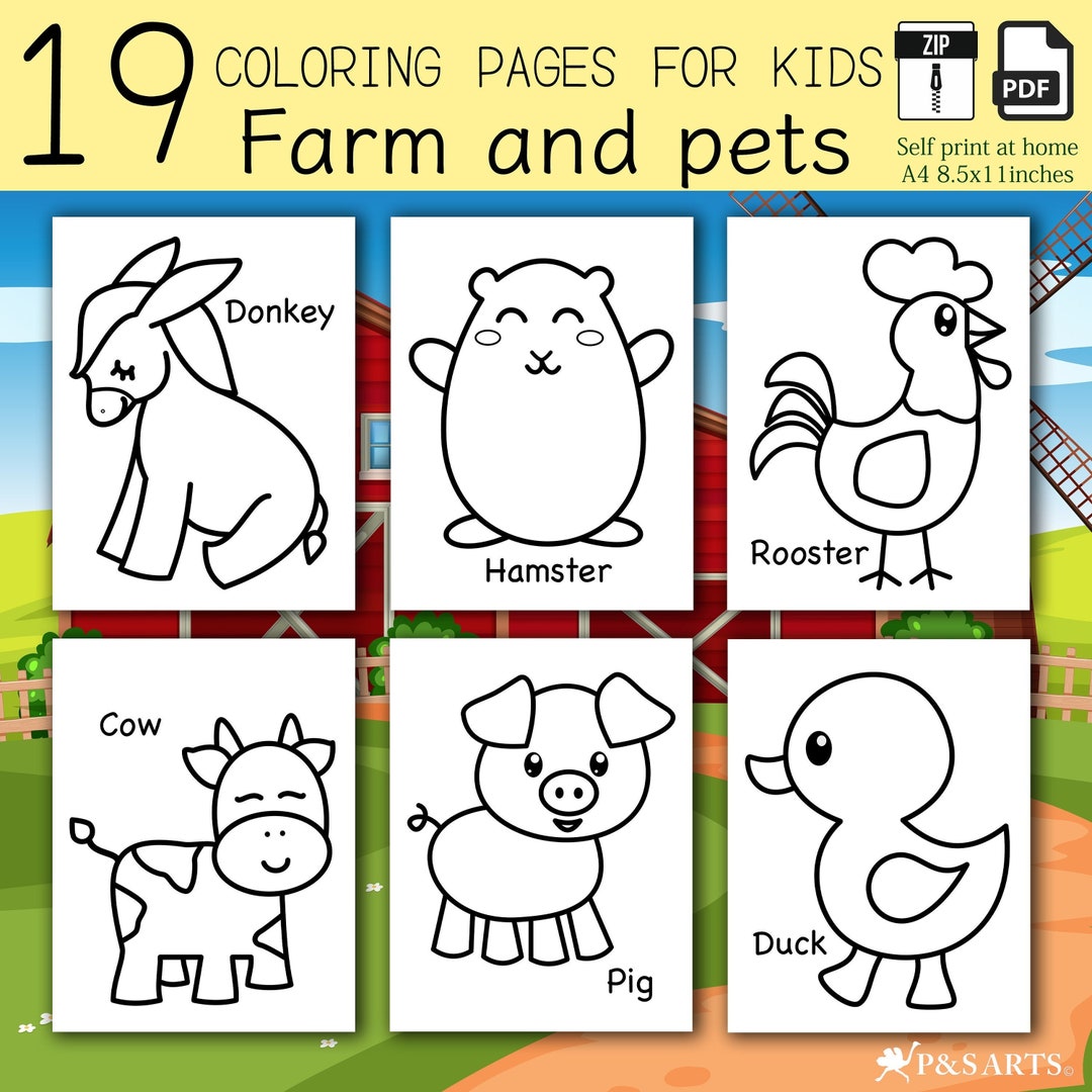 19 Farm and Pets Animals Simple and Jumbo Printable Coloring Pages - Etsy