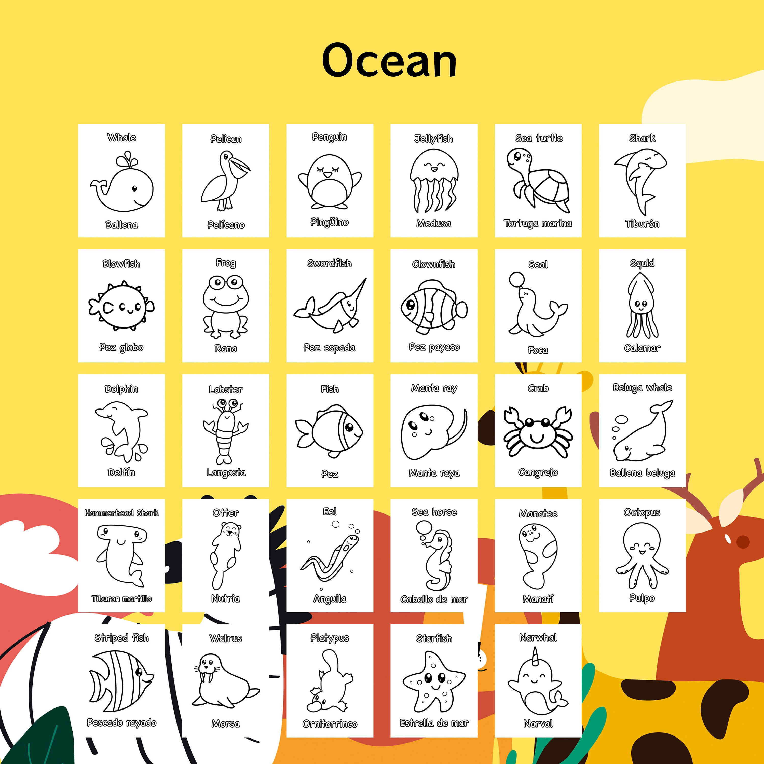 125 Dibujos para colorear imprimibles bilingües - Etsy España