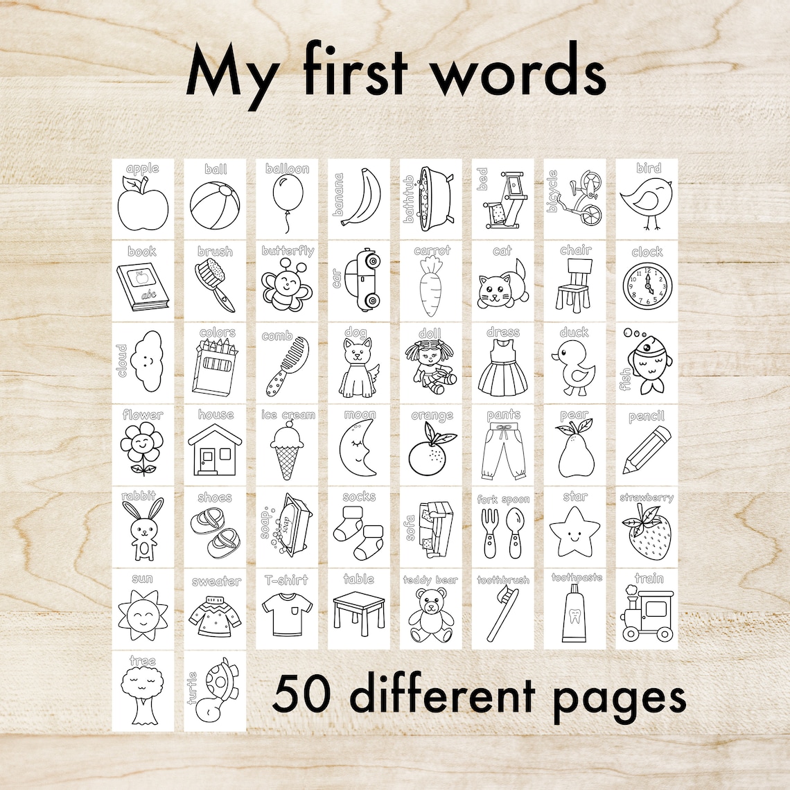50 Learning Words Printable, Easy and Simple Coloring Pages, Kids ...