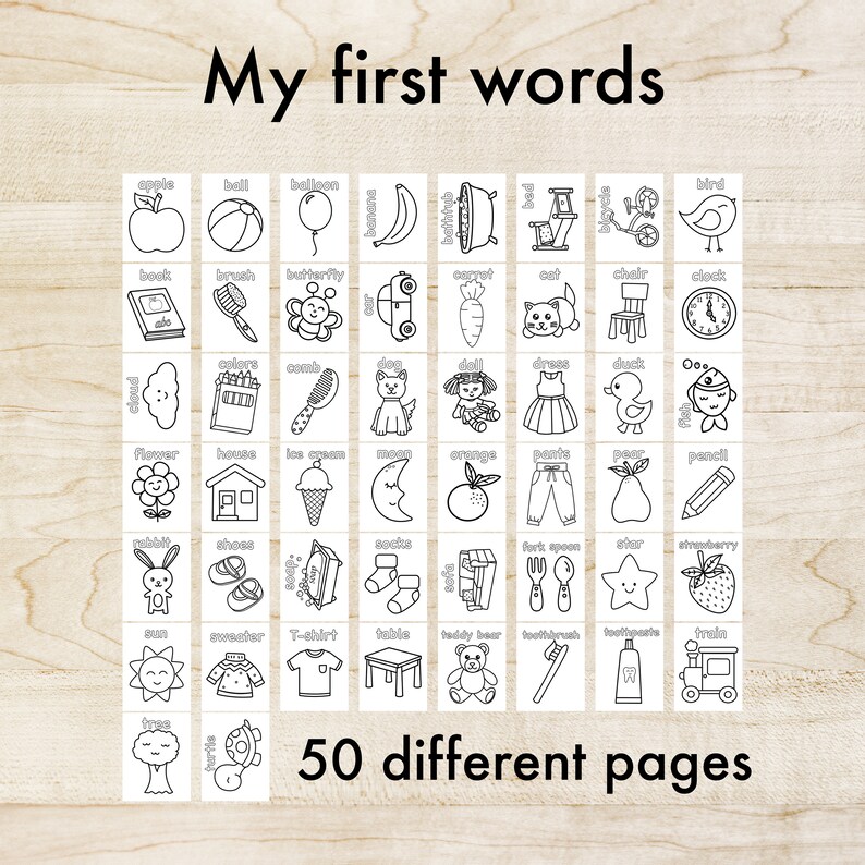 50 Learning Words Printable, Easy and Simple Coloring Pages, Kids ...