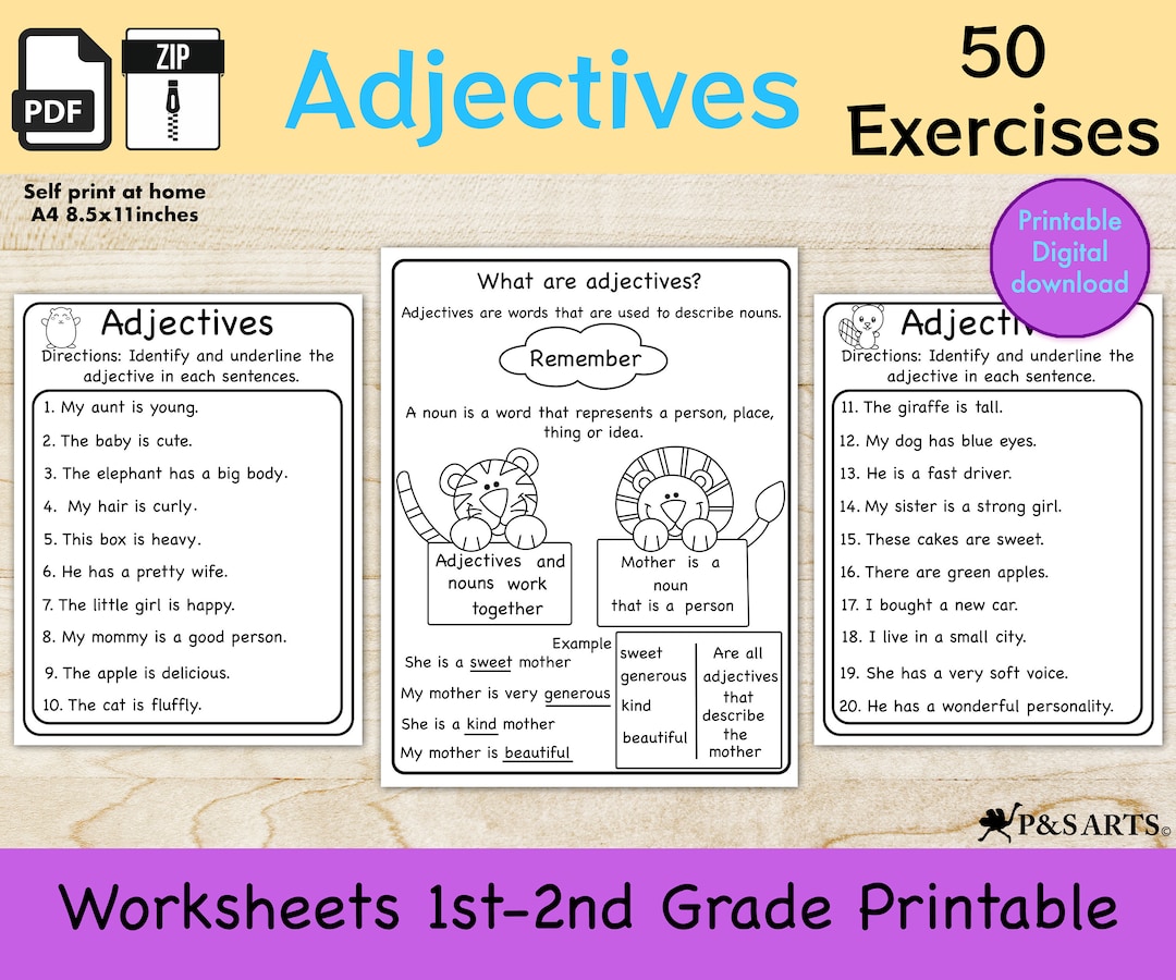 50 Sentences With Adjectives, Worksheets 1st - 2nd Grade, Practice ...