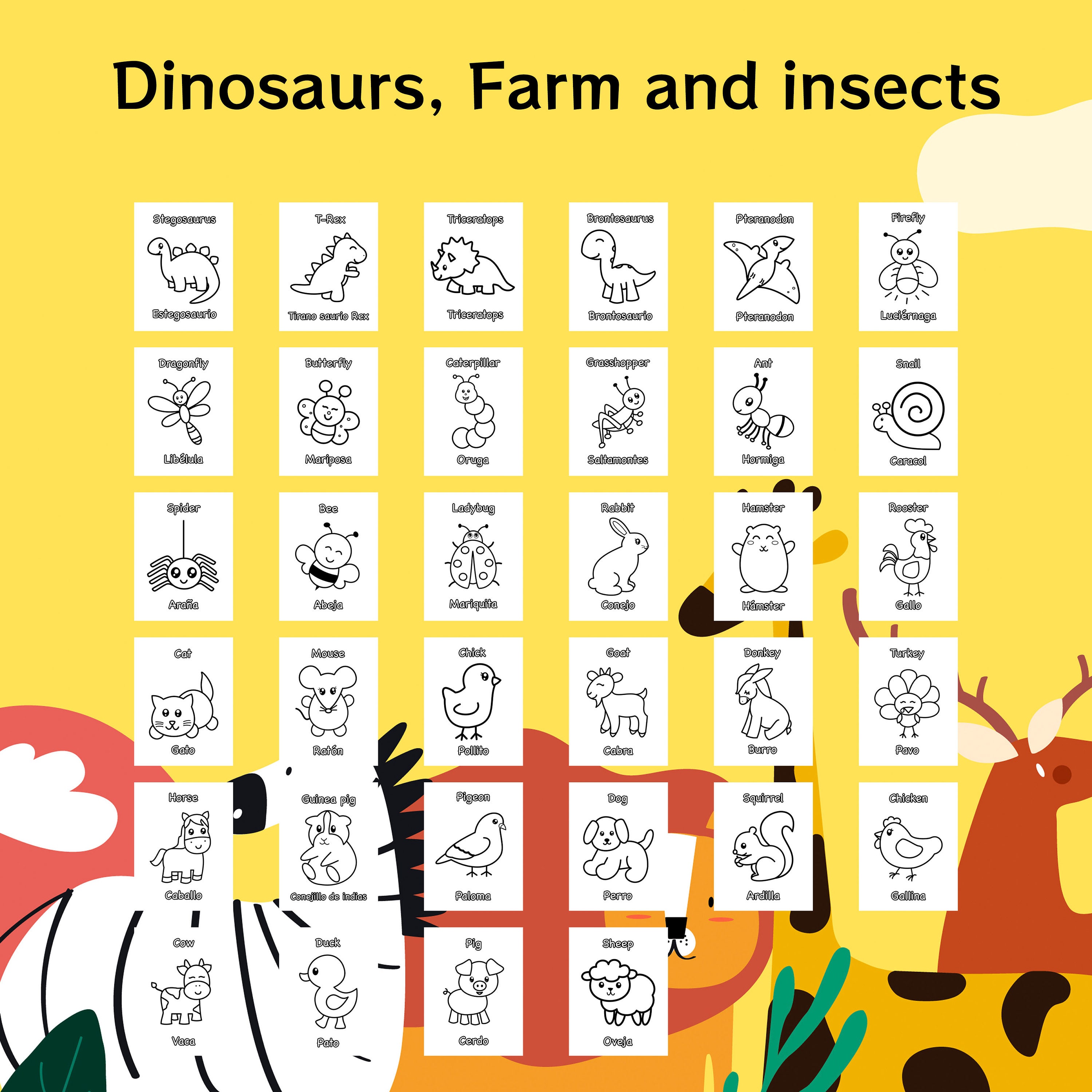 125 Dibujos para colorear imprimibles bilingües (inglés-español) de ...