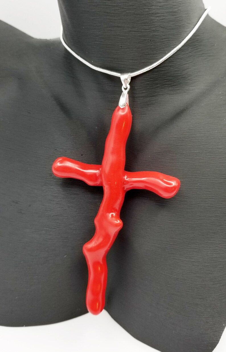 Red Coral Cross Pendant 3D Printed Necklace 925 Sterling - Etsy