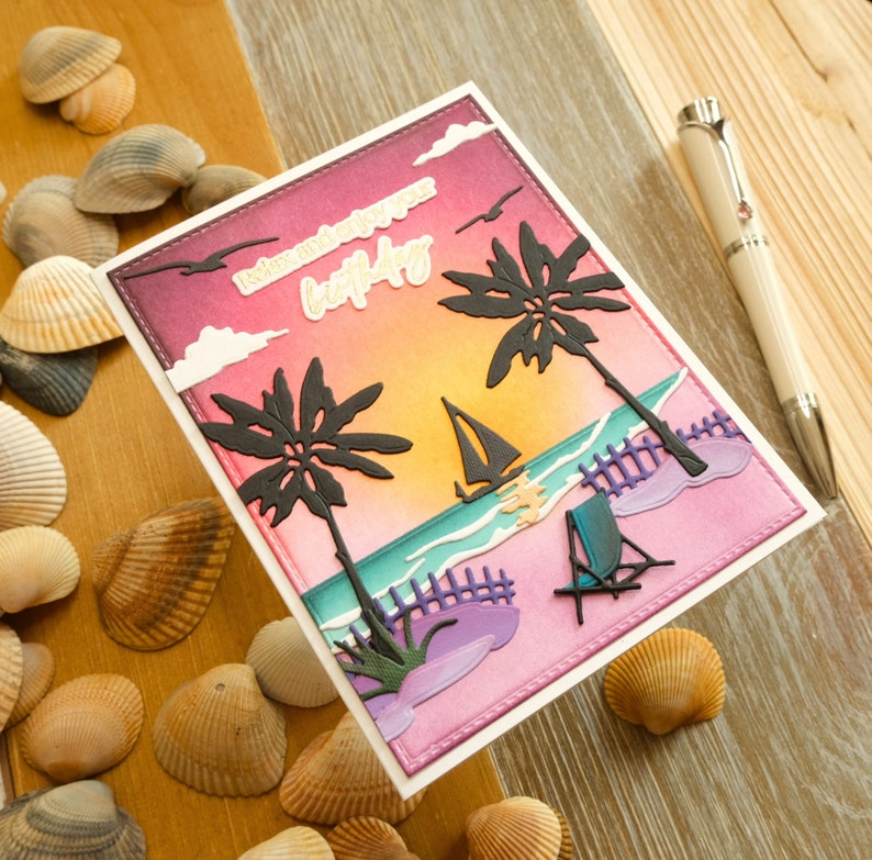 Beach at Sunset Birthday Card; Tropical Beach Card Featuring Palm Trees ...