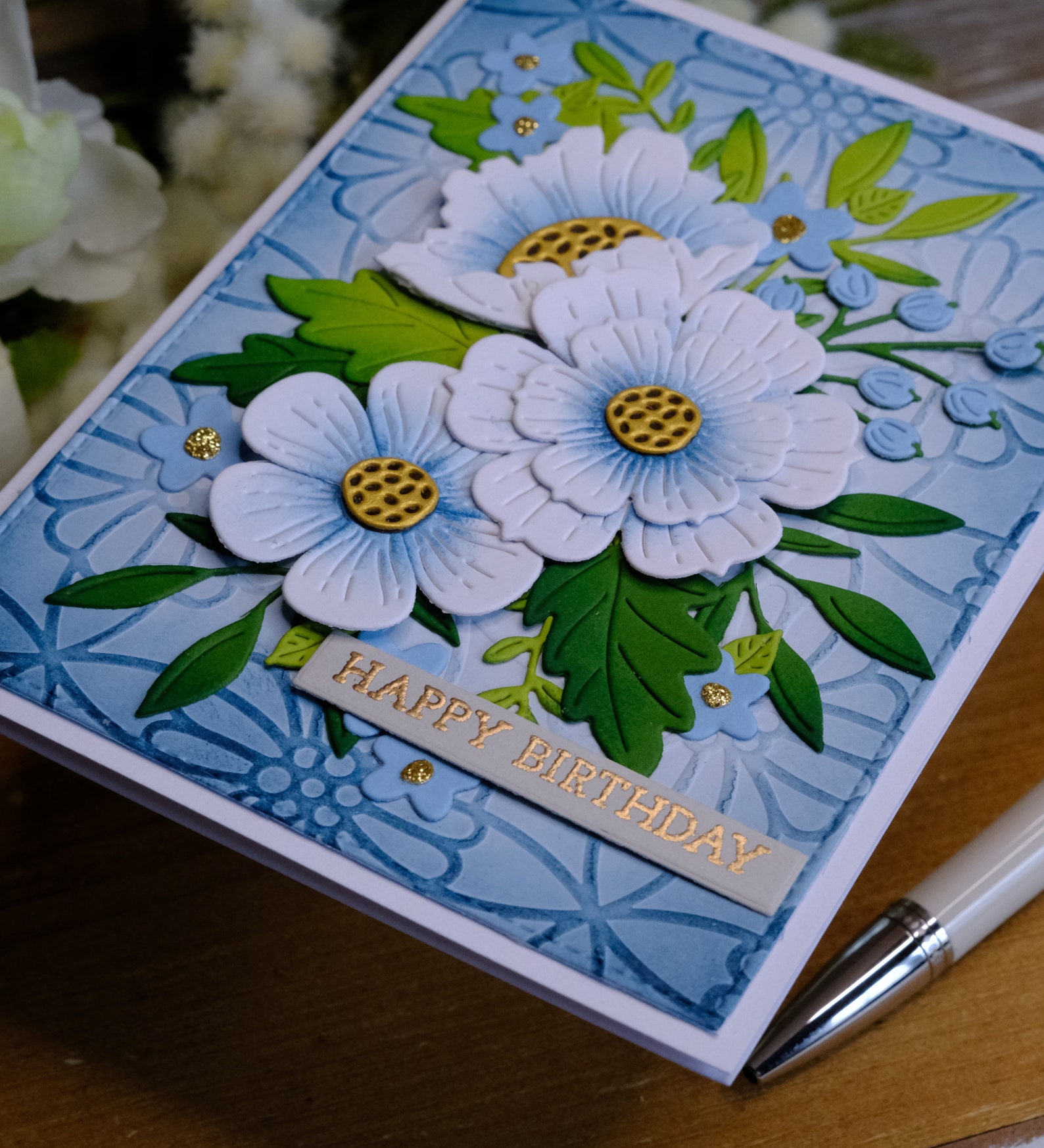 Soft Blue Birthday Card With Florals Floral Birthday Card Die Cut Paper ...