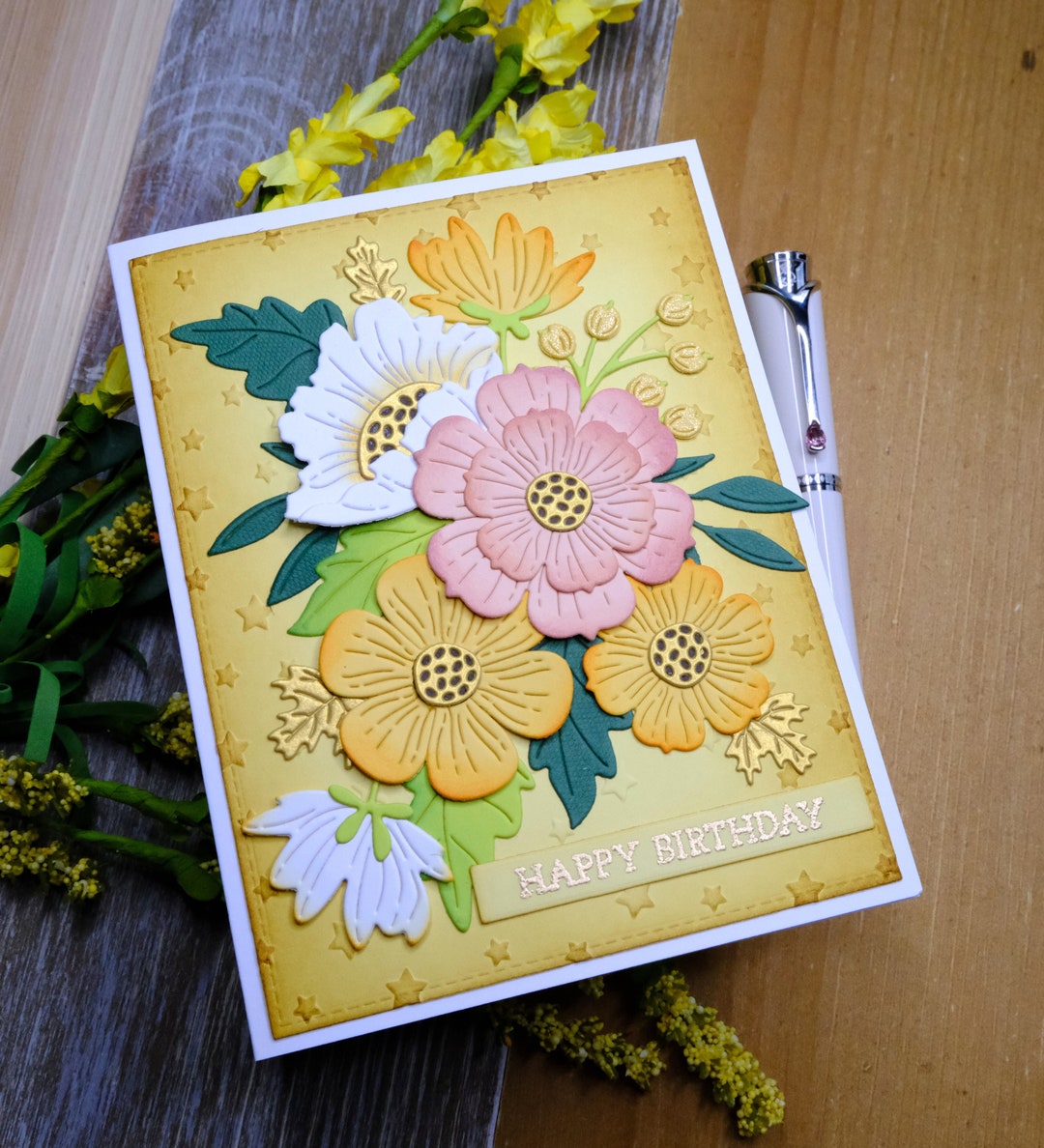 Yellow Birthday Card With Florals; Floral Birthday Card in Yellow Tones ...