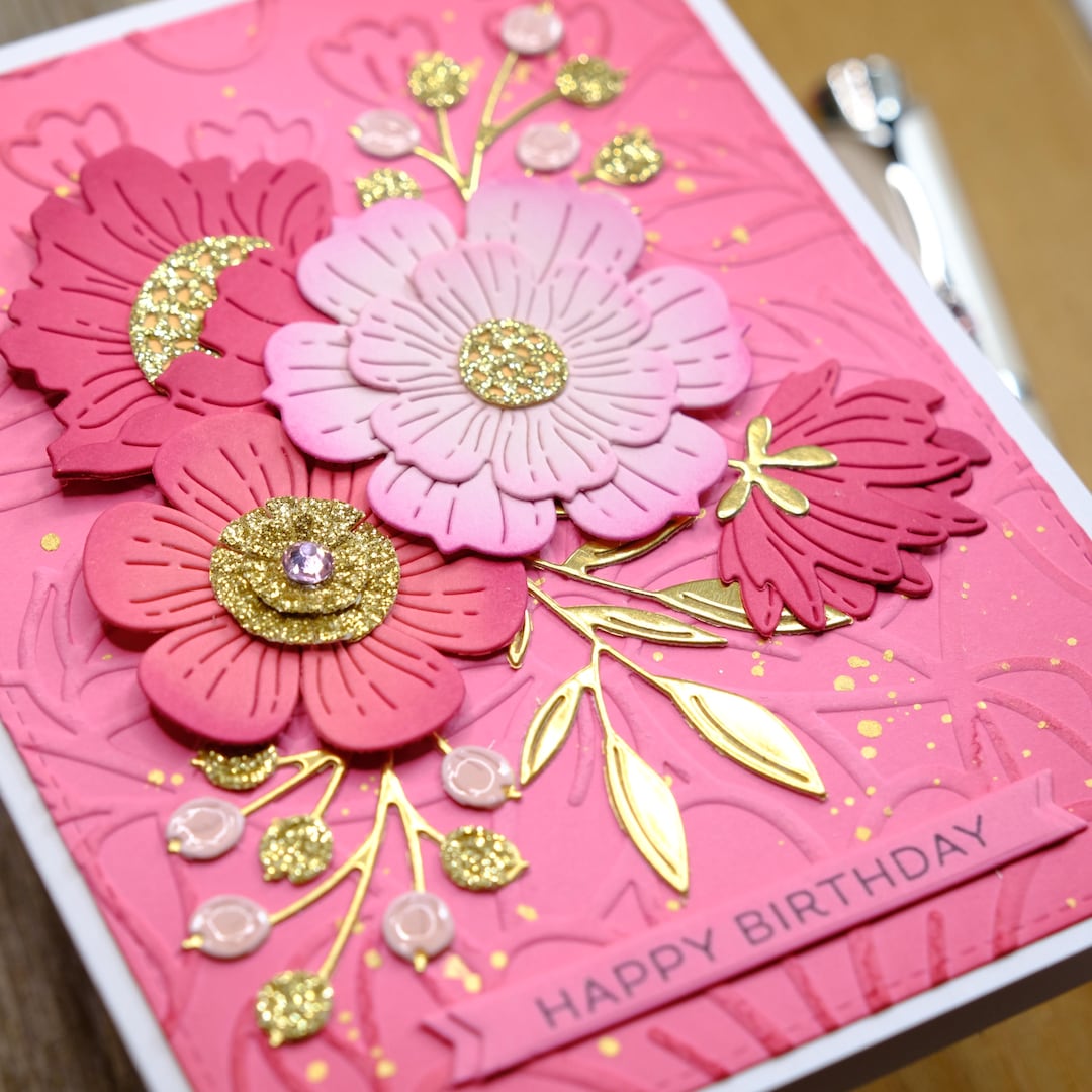Pink Birthday Card With Floral Arrangement and Gold Accents; Floral ...