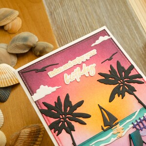 Beach at Sunset Birthday Card; Tropical Beach Card Featuring Palm Trees ...