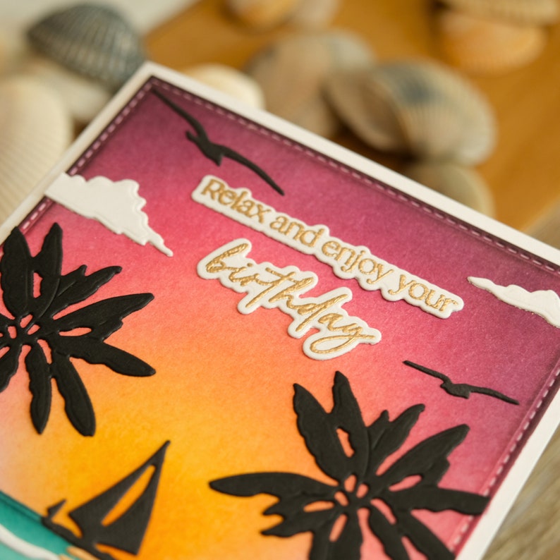 Beach at Sunset Birthday Card; Tropical Beach Card Featuring Palm Trees ...