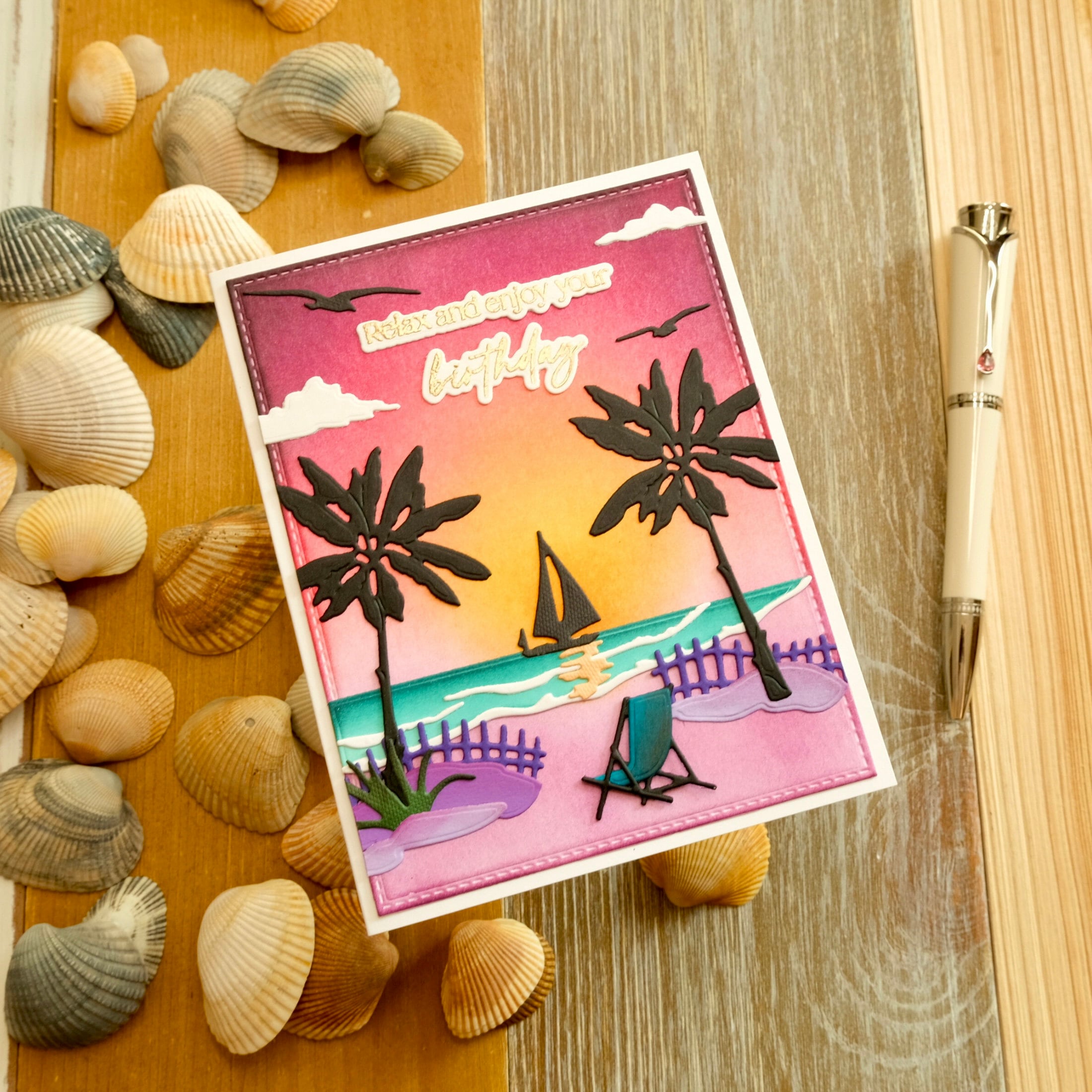 Beach at Sunset Birthday Card; Tropical Beach Card Featuring Palm Trees ...