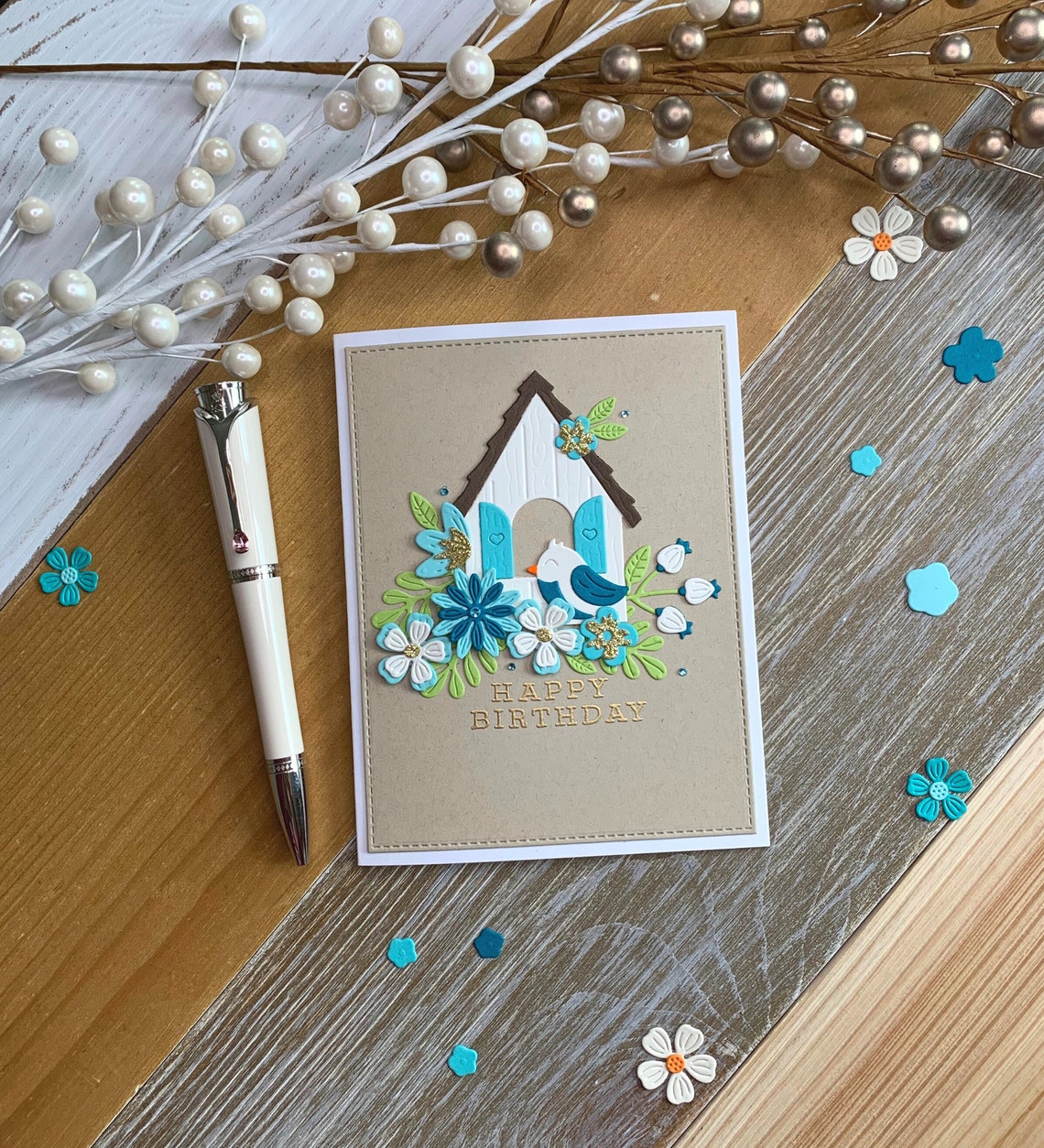 Bird Floral Birthday Card Handmade Floral Birdhouse Birthday - Etsy