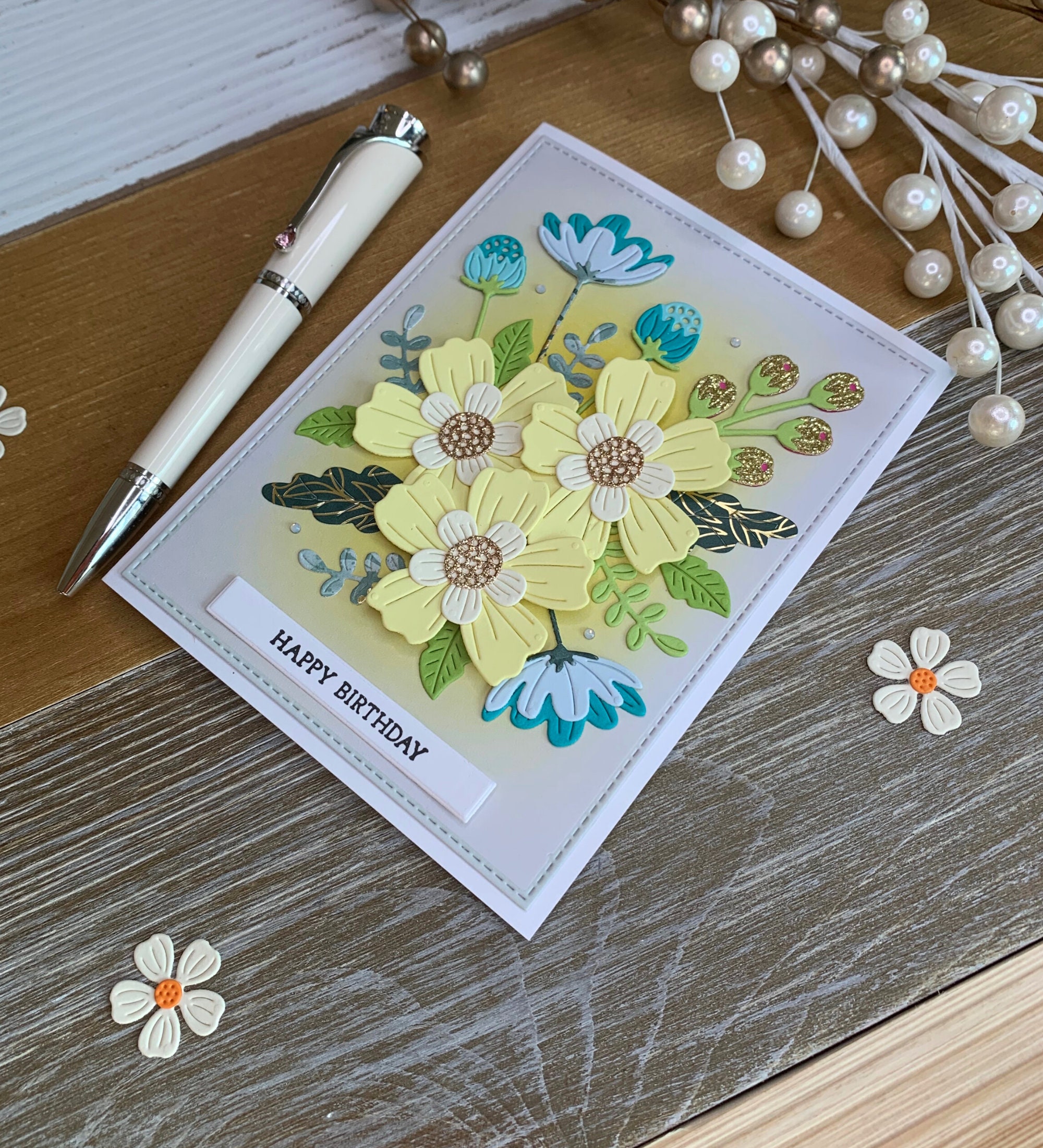 Yellow Floral Birthday Card Birthday Bouquet Card Die Cut Paper Floral ...
