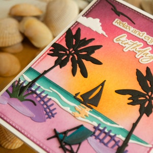 Beach at Sunset Birthday Card; Tropical Beach Card Featuring Palm Trees ...
