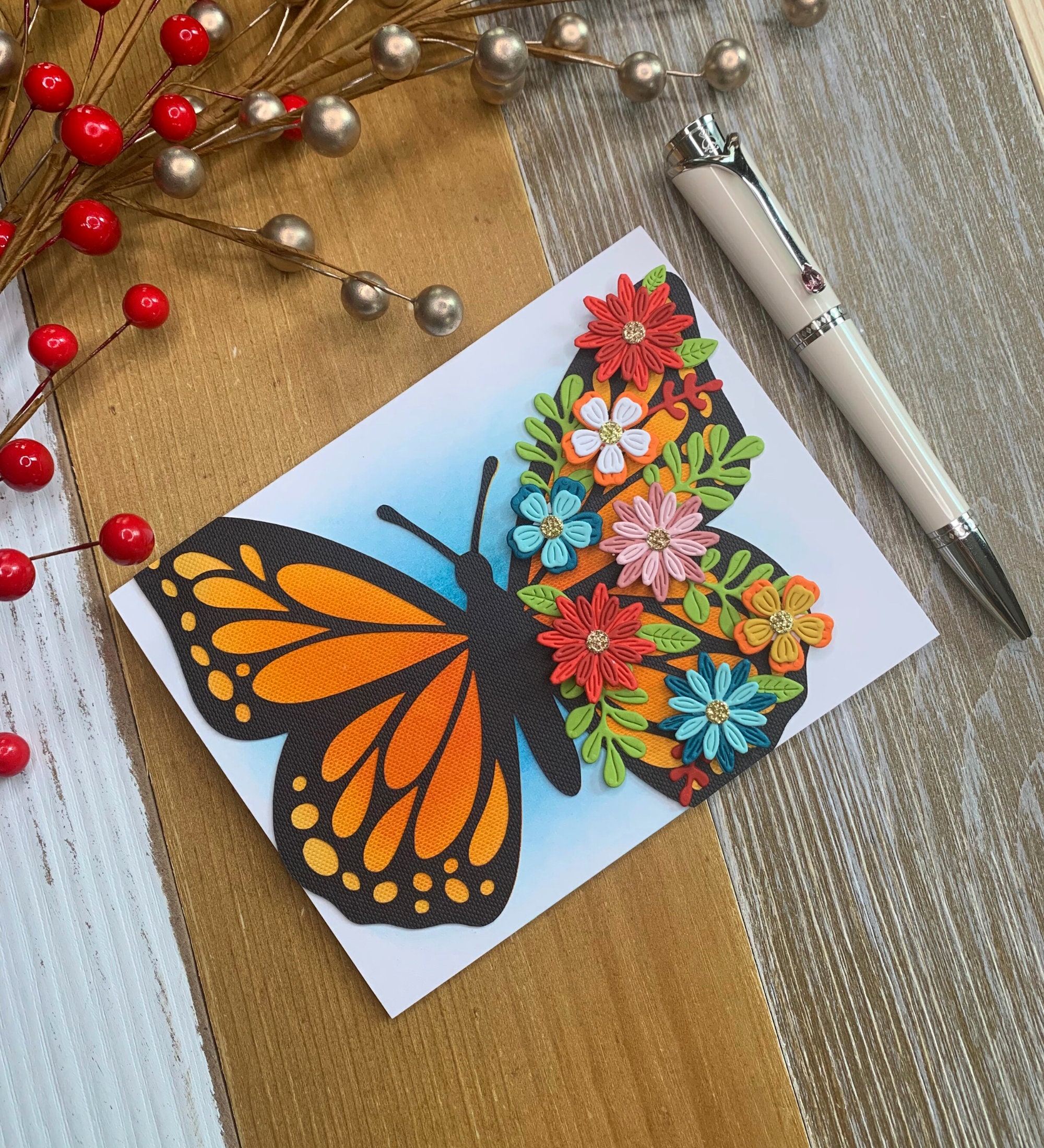 Floral Butterfly Card, Handmade Large Butterfly Greeting Card, Die Cut ...
