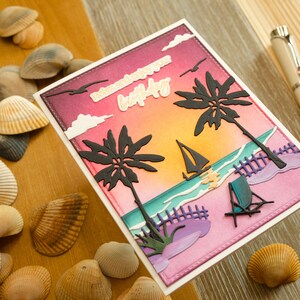 Beach at Sunset Birthday Card; Tropical Beach Card Featuring Palm Trees ...