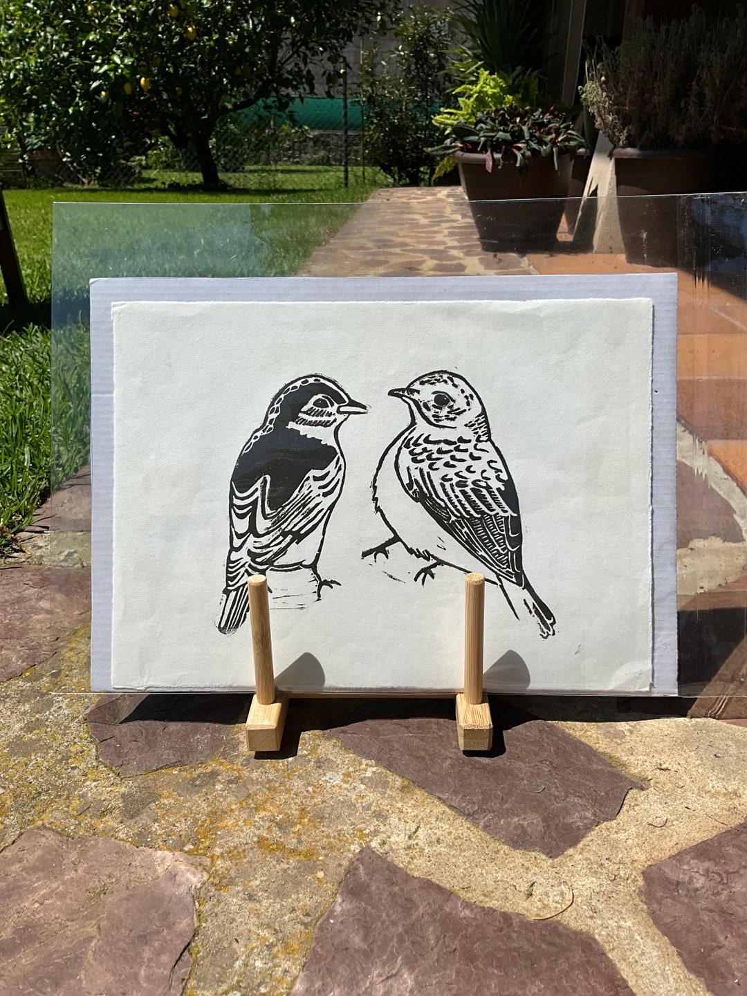 Linocut Couple of Birds. Linoleum Print on Rice Paper - Etsy