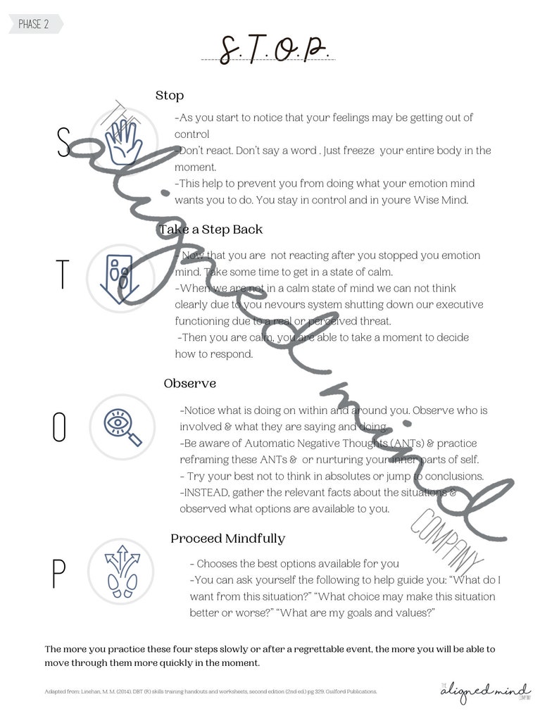 DBT STOP Skill Worksheet— Distress Tolerance Skill - Etsy