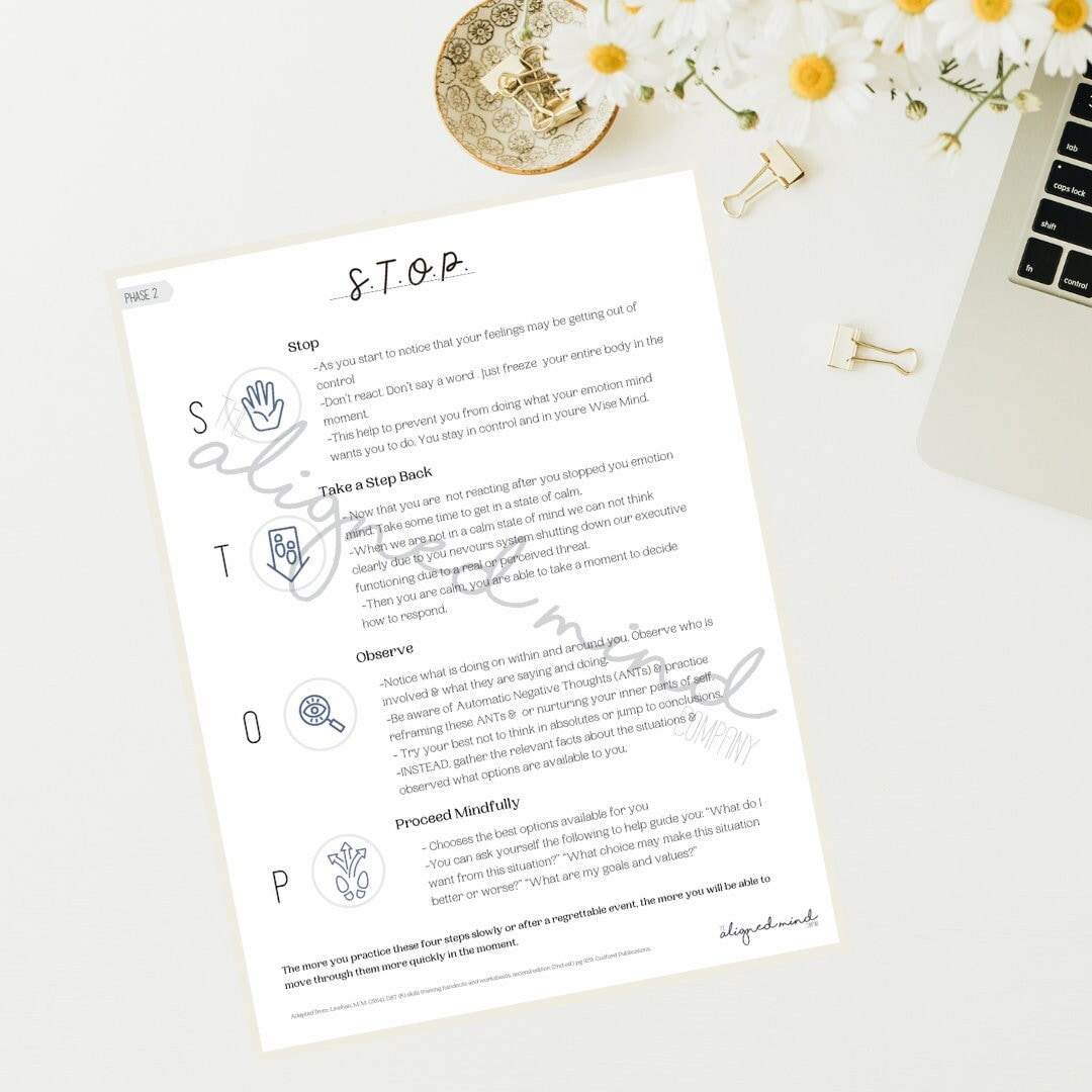 DBT STOP Skill Worksheet— Distress Tolerance Skill - Etsy