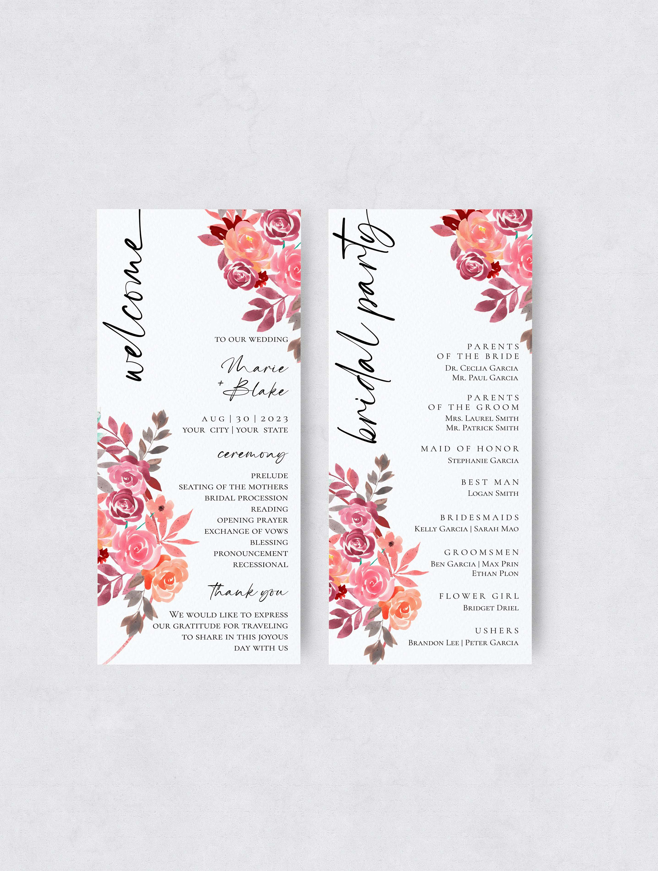 PRINTABLE DIY Wedding Program, Watercolor Bold Blush Florals Editable ...