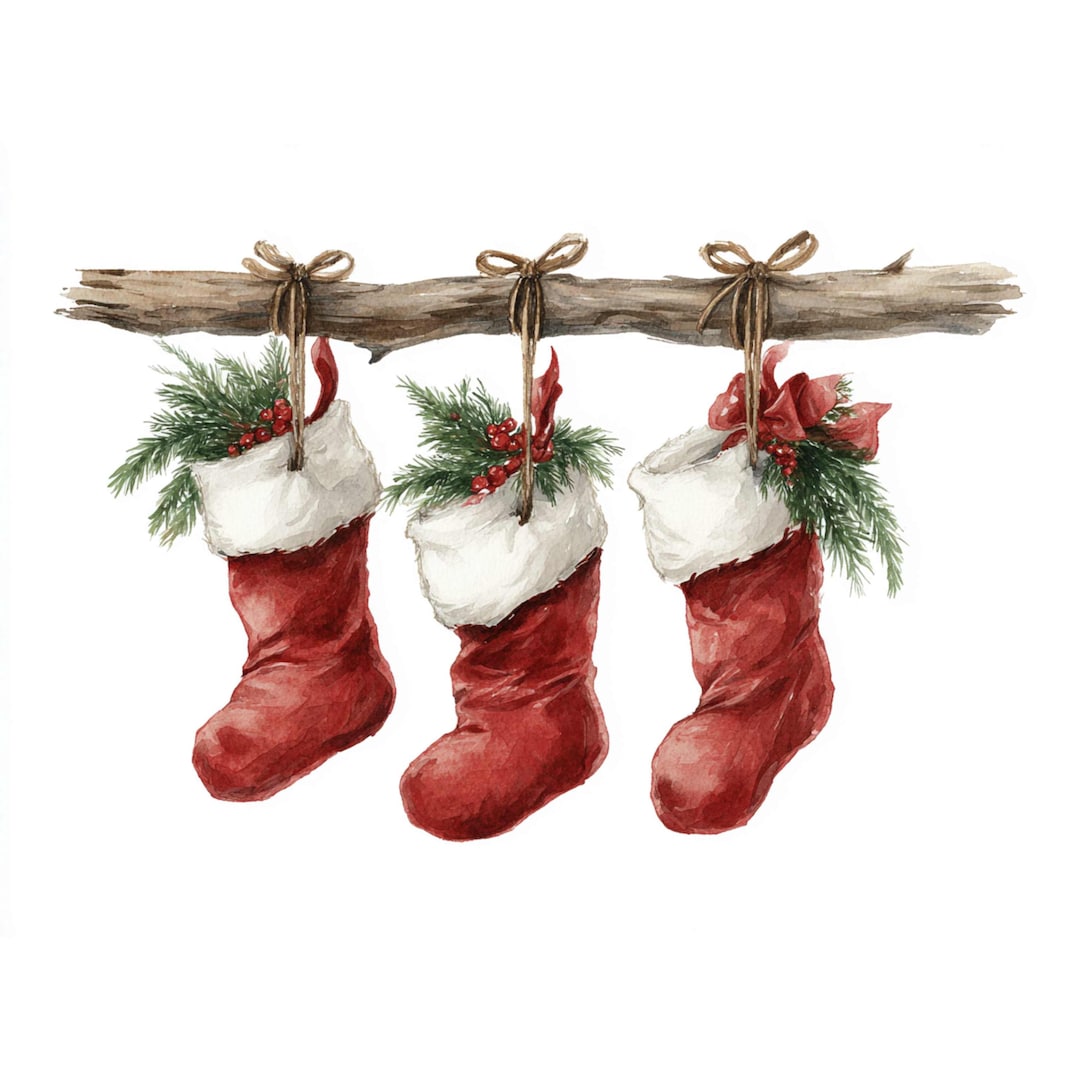 Watercolor Christmas Socks PNG: Vintage Red Garland, Card Decor Digital ...