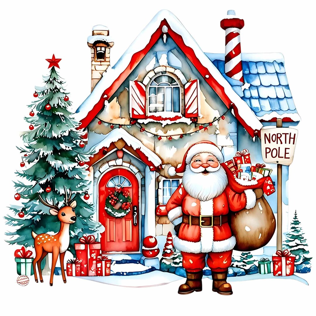 Santa Cottage Clipart, Christmas Cards, Wall Art, Printable, PNG ...