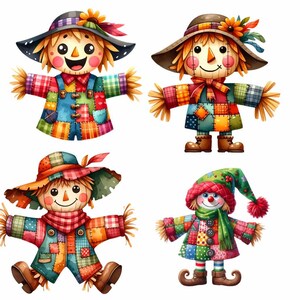 12 Cute Watercolor Patchwork Scarecrows Clipart, Autumn Clipart, Fall ...