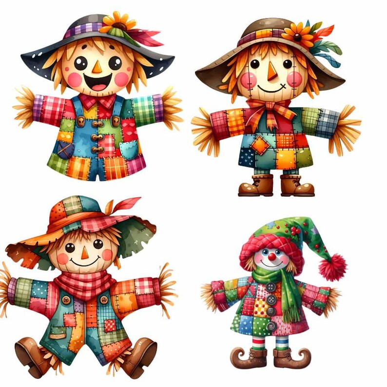 12 Cute Watercolor Patchwork Scarecrows Clipart, Autumn Clipart, Fall ...